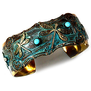 Elaine Coyne Wearable Art Patina Brass Dragonflies Cuff Bracelet - Turquoise
