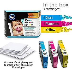 HP 564 | 3 Ink Cartridges with Assorted Photo Paper | Cyan, Magenta, Yellow | Works with HP DeskJet 3500 Series, HP OfficeJet 4600 5500 C6300 6500 7500 Series, B8550, D7560, C510, B209, B210, C309, C310, C410, C510 | CB318WN, CB319WN, CB320WN