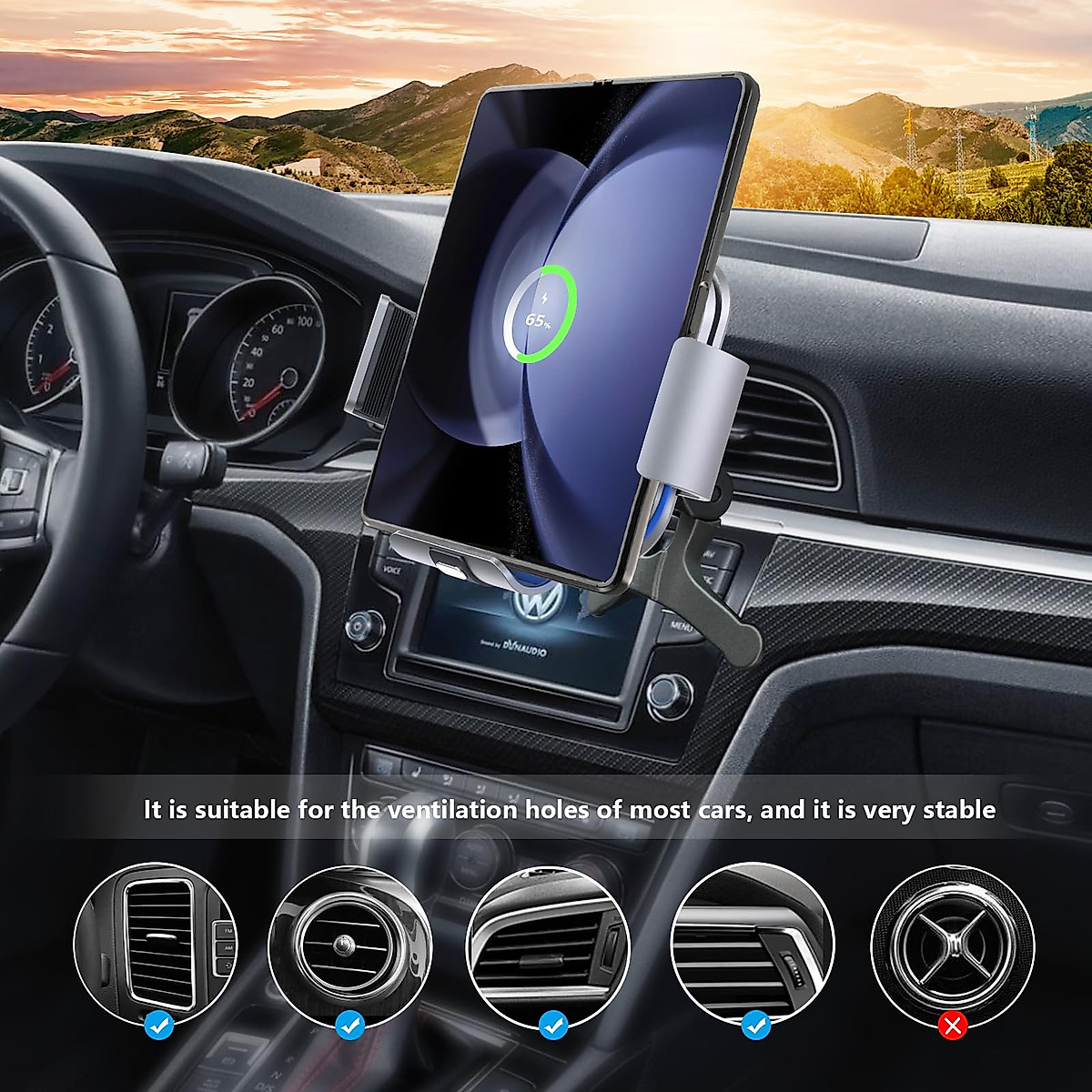 15W Wireless Car Charger for Samsung Galaxy Z fold 5/4/3/2,[Dual Coils] Auto-Clamping Air Vent Dashboard Car Phone Holder for Galaxy Z Fold 4 Car Mount(with QC3.0)