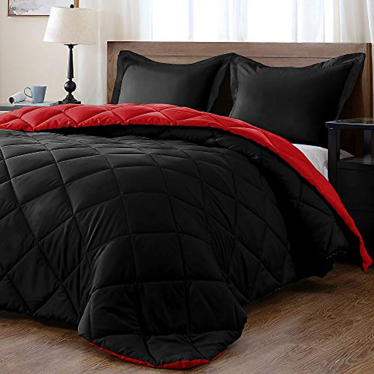 downluxe Lightweight Solid Comforter Set (Queen) with 2 Pillow Shams - 3-Piece Set - Red and Black - Down Alternative Reversible Comforter
