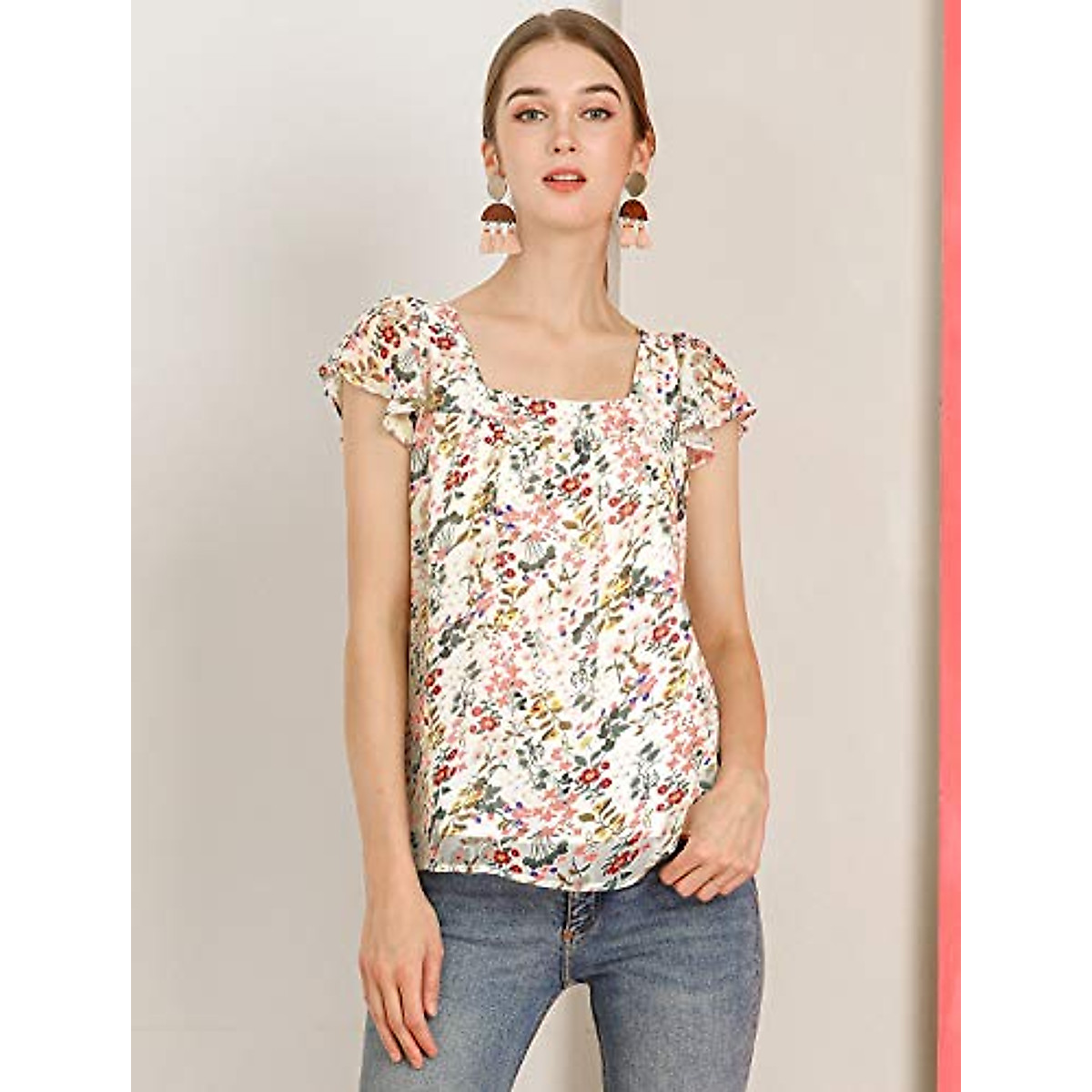 Allegra K Women's Chiffon Ruffle Sleeve Top Layered Vintage Ditsy Floral Blouse Large White