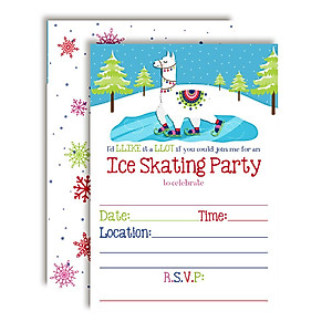 Colorful Llama Ice Skating Birthday Party Invitations, 20 5x7 Fill In Cards with Twenty White Envelopes by AmandaCreation