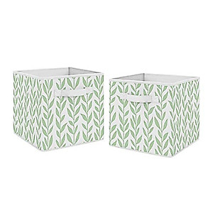Sweet Jojo Designs Green and White Floral Leaf Foldable Fabric Storage Cube Bins Boxes Organizer Toys Kids Baby Childrens - Set of 2 - for The Boho Farmhouse Sunflower Collection
