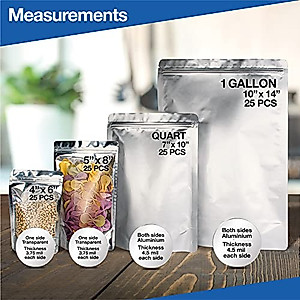 BELLE KR® 100 Pcs Mylar Bags for Food Storage With Oxygen Absorber 500cc - Large Mylar bags 1 Gallon(10x14), 7x10 & 5x8, 4x6 with 1 Side Clear - (25 Pcs Each) Stand Up Mylar Bags with 100 Labels
