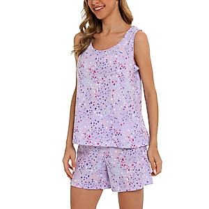 ENJOYNIGHT Womens Pajamas Set Cute Sleeveless Print Tank and Shorts Pj Set Summer Sleepwear (Large,PU) Purple