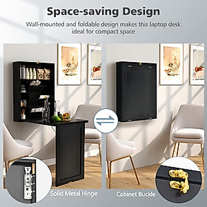 GOFLAME Wall Mounted Desk, Folding Floating Desk with 3-Tier Tilt Storage Partition and Adjustable Shelves, Space-Saving Fold up Desk Laptop Desk, Convertible Writing Desk for Home Office, Black