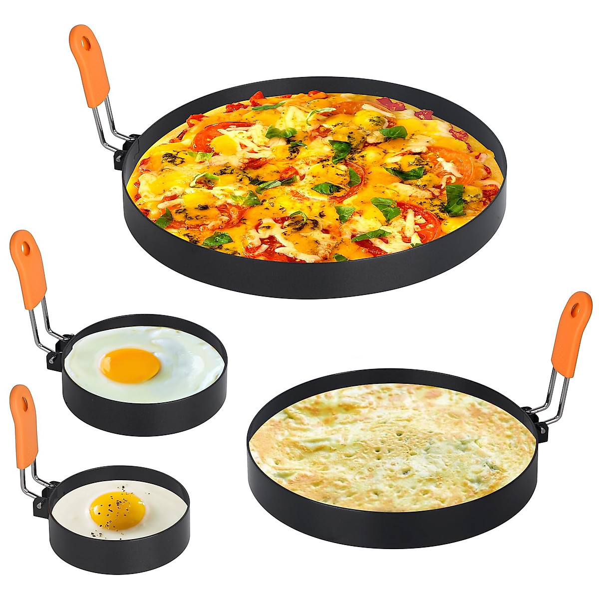 Hhyn Egg Rings for Griddle Frying Eggs Upgraded 4 Packs, Pancake Shapers with Orange Silicone Handle Non-stick Egg Molds for cooking Breakfast Omelette Sandwiches (3", 3.5", 6", 8")