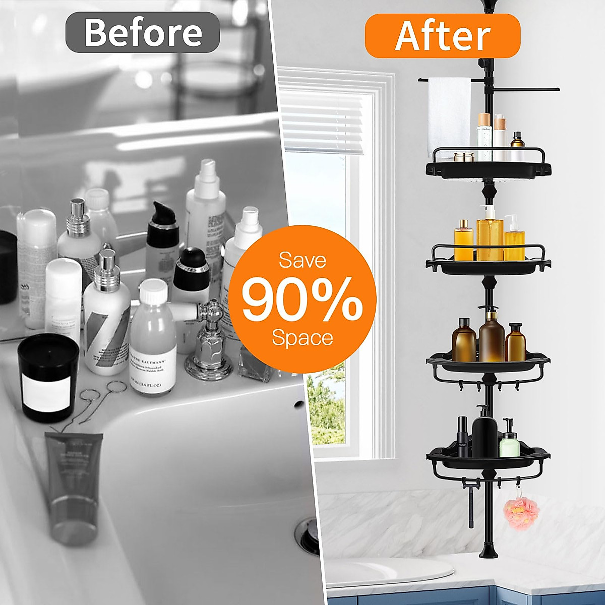 WSBArt Corner Shower Caddy Tension Pole Quick Installation Shower Caddy 18/8 Stainless Steel Rustproof Shower Organizer 4 Tier Adjustable Shower Shelves for Bathtub Shower Rack 32-122inch