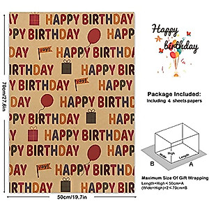 Geluode Birthday Wrapping Paper,4 Sheets Happy Birthday Gift Wrap, Brown Kraft Gift Wrapping Paper 20x28 Inches For Boys Girls Kids Birthday Baby Shower Wedding