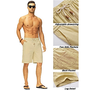 Janmid Men's Linen Shorts Casual Elastic Waist Drawstring Summer Beach Shorts Light Khaki M