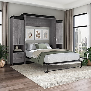 Bestar Orion Queen Murphy Bed with Storage Cabinets and Pull-Out Shelf (106W) in Bark Grey and Graphite, Sleeping Arrangement with Shelves