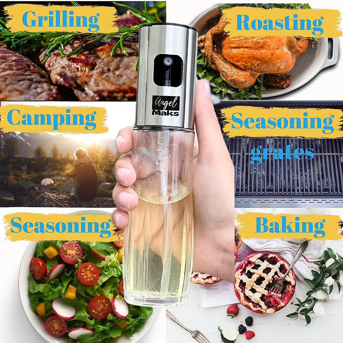 Angel Maks Oil Sprayer for Cooking, Grilling, Broiling, Baking, Olive Oil, Vegetable oil, Seasonings, Vinegar, Air Fryer, Soy sauce, Sunflower oil, Avocado Oil, Mister, Food Safe Glass 100ml/3.4oz