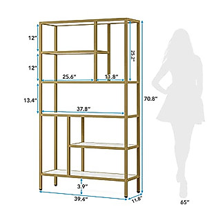 Tribesigns 6-Tier Tall Bookshelf Bookcase, Modern White and Gold Open Bookcase Storage Display Book Shelves for Living Room, Home Office