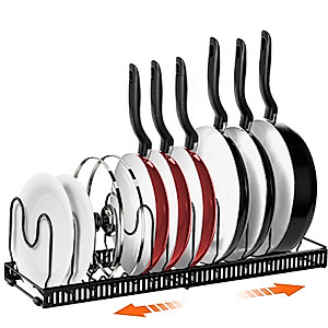 AHNR Expandable Pot and Pan Organizers Rack, 10+ Pans and Pots Lid Organizer Rack Holder, Kitchen Cabinet Pantry Bakeware Organizer Rack Holder with 10 Adjustable Compartments (Black)