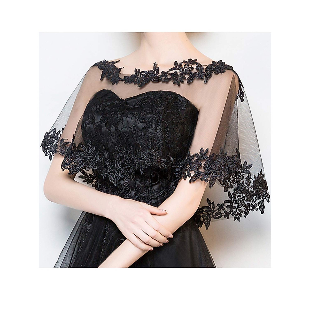 MisShow Women's Lace Appliques Shawls Wedding Bridal Cape Shoulder Covers Bolero,Black