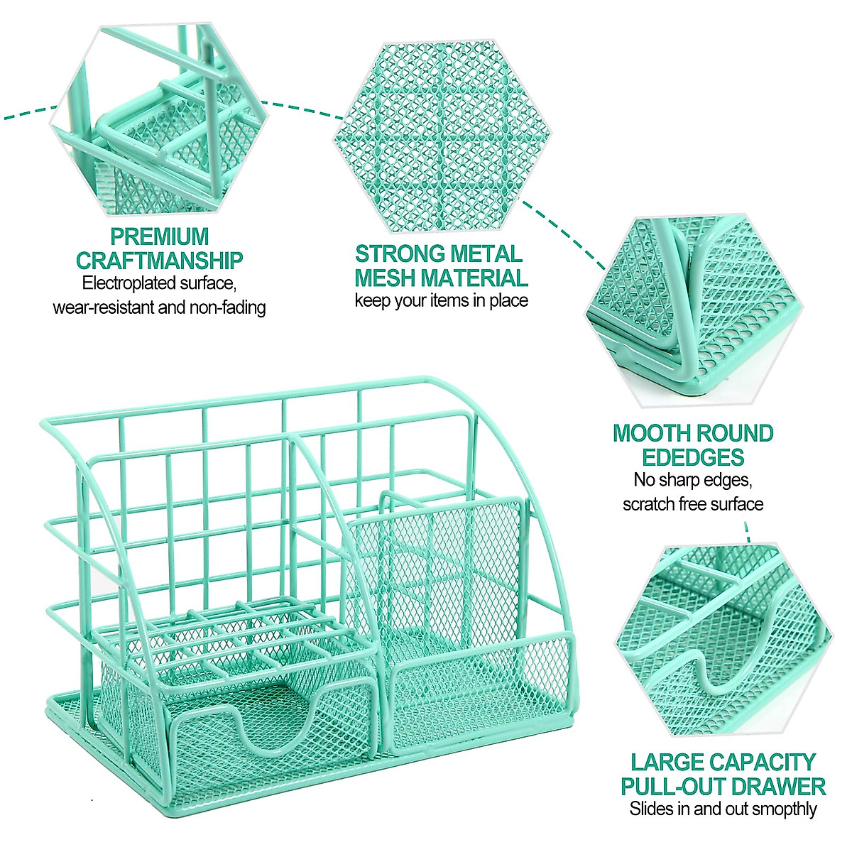 Desk Organizers and Accessories Office Supplies Organizer with Pen Holder, 72 Clips Set and Phone Stand, Metal Mesh Desktop Organizers with Drawer for Home, Office, School Ect (Rose Gold)