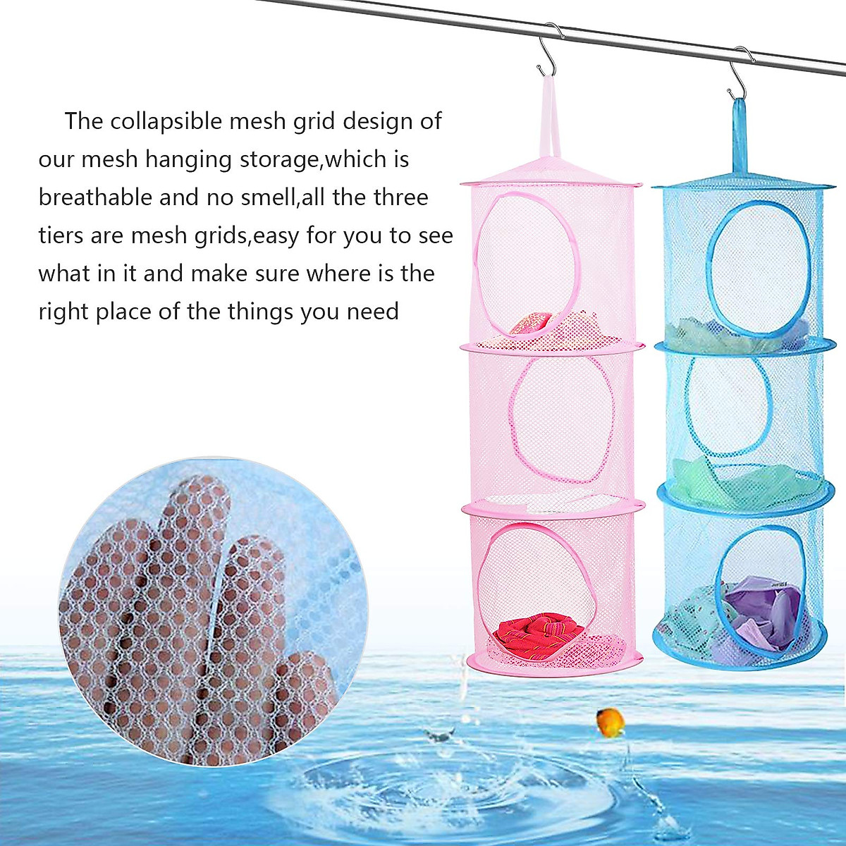 LANMOK 3pcs Hanging Mesh Storage Basket Foldable Space Saving Toy Organizer With 3pcs S hooks for Kids Room Bathroom Wall Balcony Wardrobe