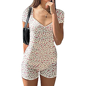 Y2k Long Sleeve One Piece Bodysuit V Neck Bodycon Floral Print Shorts Stretchy Pajama Playsuit Rompers Jumpsuit (Z-Short Sleeve Pink Floral,Medium)