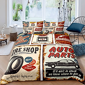 Erosebridal Vintage Car Signs Comforter Cover for Boys, Automobile Pattern Duvet Cover, Repair Vehicle Garage Bedding Set Twin Size for Kids Girls Teens, Classics Servicing Quilt Cover Bedroom Decor