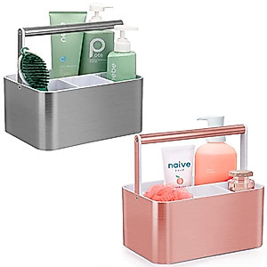 BYUNER Plastic Shower Caddy Basket - Portable Large Bath Storage Organizer Bin Tote with Handle and divider for College Dorm,Cabinet,Bathroom Counter, Brushed Nickel White