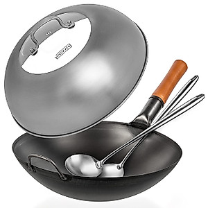 YOSUKATA Carbon Steel Wok Pan - 14 “ Woks and Stir Fry Pans With Wok Lid 13.6 Inch - Premium Stainless Wok Cover with Tempered Glass Insert Steam Holes +17’’ Wok Spatula and Ladle