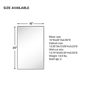 TEHOME Recessed Mount 16x26'' Squared Rectangle Brushed Gold Bathroom Medicine Cabinet with Mirror Gold Metal Framed Rectanglular Medicine Cabinet 2 Adjustable Glass Shelves