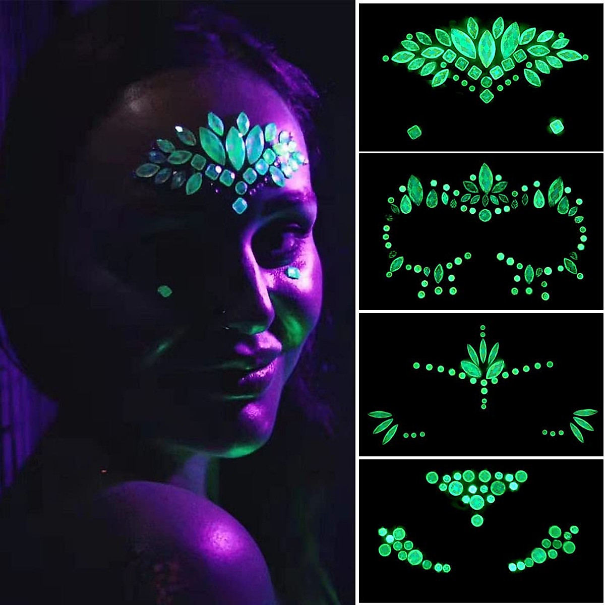 Luminous Face Gems Tattoo Stickers Body Jewelry Glow in the Dark Fluorescent Face Rhinestone Tattoo Noctilucent Temporary Tattoo Sparkly DIY Jewel Paste for Halloween Christmas Festival Makeup(4 Sets)