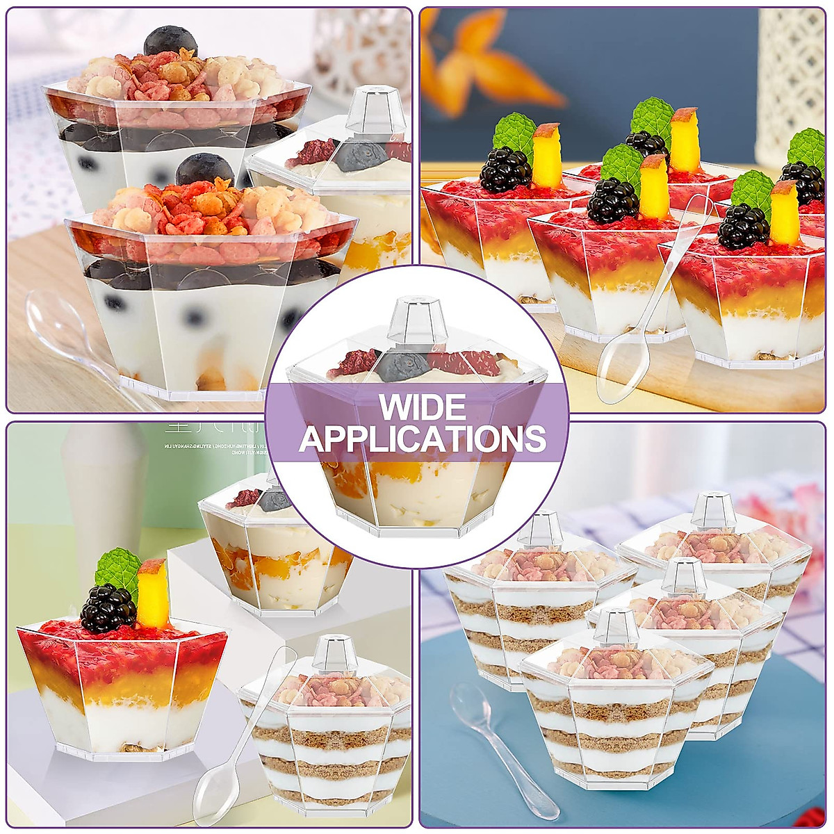 50 Pack Clear Plastic Dessert Cups with 50 Lids and 50 Spoons,3.3oz Hexagonal Parfait Cups Appetizer Cups,Disposable Mini Dessert Cups Tumbler Serving Cups for Desserts,Appetizers,Mousse,Puddings