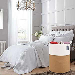 COMSE Extra Large Blanket Basket, Storage Basket, Large Laundry Baskets, 15.7”x 21.7”, Cotton Rope Basket, Blanket Storage for Living Room, Toy Basket, Woven Basket, Clothes Baskets,White/Camel