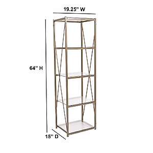 Flash Furniture Mar Vista Collection 4 Shelf 64"H Cross Brace Glass Bookcase in Matte Gold