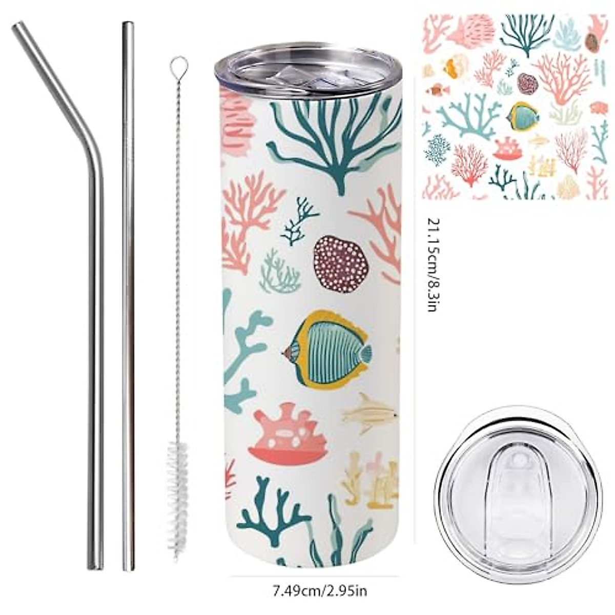 Tumbler with Lid and Straw Cartoon Water Plants and Fish thermos coffee travel mugcute cups 20 oz insulated tumbler for Daily Holiday Decor Gift coffee cup