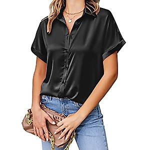 Chigant Silk Blouse Short Sleeve Button Down Shirts Satin V-Neck Tunic Top Black