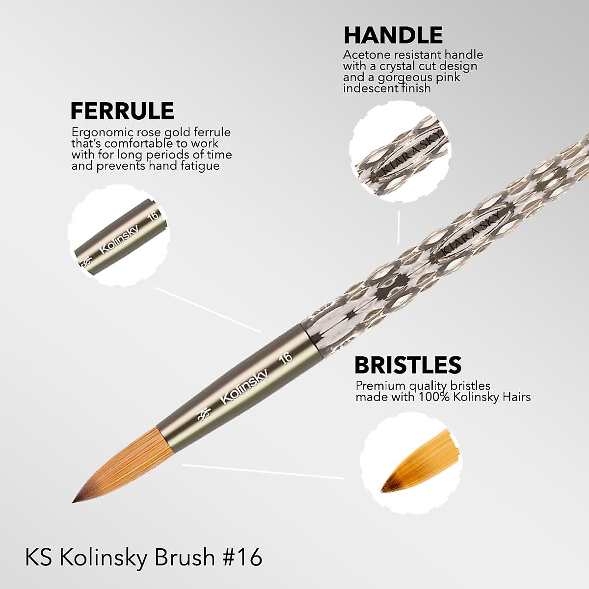 KIARA SKY Black Crystal Acrylic Nail Brush - Professional Nail Tool - Nail Kolinsky Brush - 100% Kolinsky Hand Crafted Nail Tools - Long Lasting Nail Acrylic Brush, #16