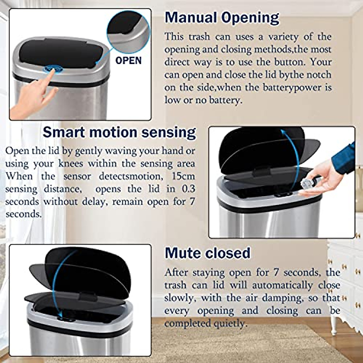 Trash Can,13 Gallon Automatic Garbage Can,Kitchen Trash Can with Lid,Modern Style Touch Free High-Capacity Brushed Stainless Steel Waste Bin,for Bathroom Kitchen Office Home,Indoor and Outdoor