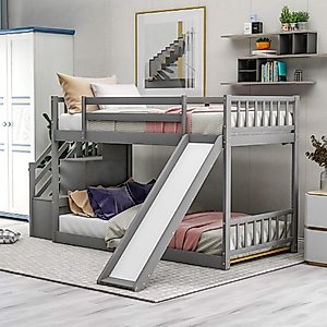 Twin Over Twin Bunk Bed with Slide and Storage Staircase, Twin Size Bunk Bed for Kids, Teens, No Box Spring Needed (Gray, Twin Over Twin)
