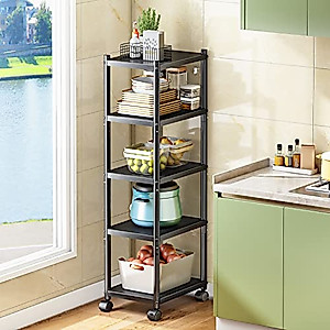 HERJOY 5 Tier Storage Shelves with Rolling Wheels, Heavy Duty Shelves for Storage Adjustable Metal Shelving Unit, Standing Storage Organizer Rack for Kitchen, Bathroom, Garage, Office(Black)