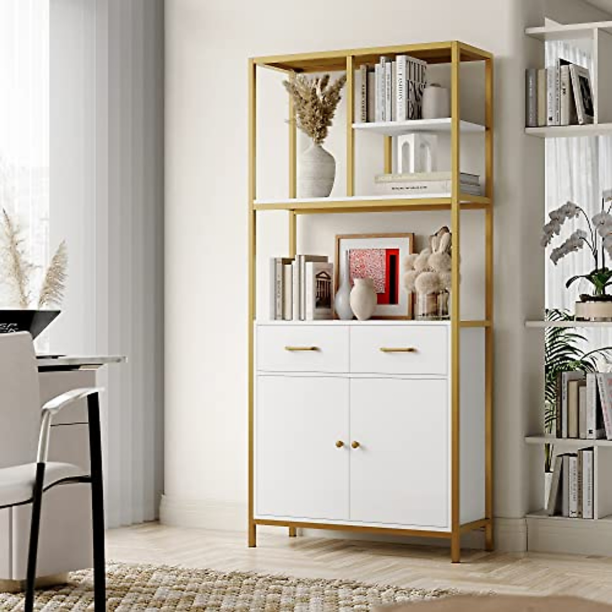 HITHOS 71" Tall Bookshelf, Modern White and Gold Bookcase, Book Shelves with Drawers and Storage Cabinet, Metal Etagere Bookcase Display Shelves for Home Office, Gold/White