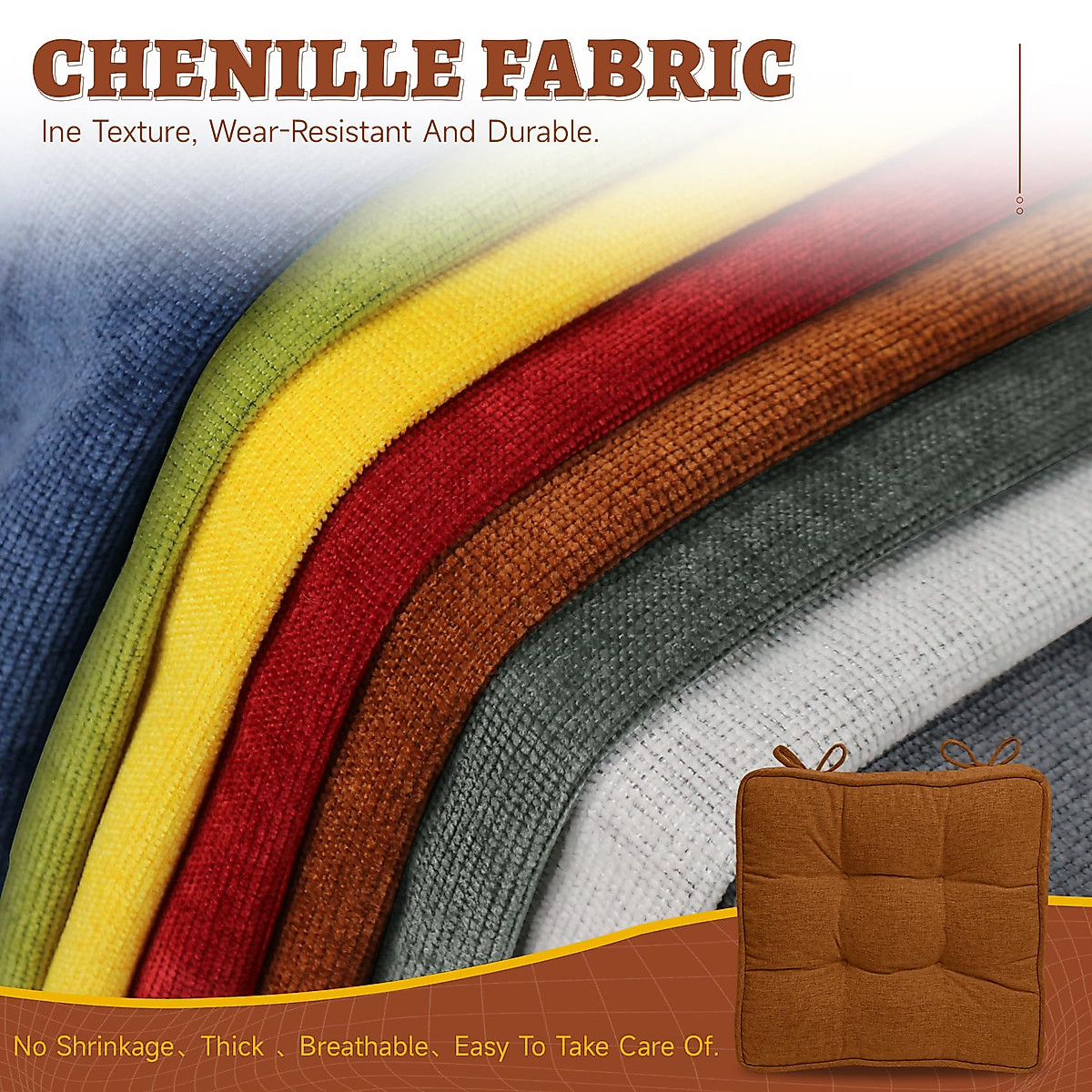 Focuprodu Chair Cushions. 18x18 Inch Thick Soft Chenille Fabric for Patio Chair Cushion. Double-sided Use with Ties for Office/Dining Room/Window (Brown)