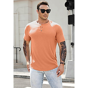 JMIERR Mens Muscle Slim Fit Button Henley Shirts Summer Crewneck Short Sleeve Longline Fitted T-Shirt Gym Workout Athletic Tees Shirt for Men, L, Orange