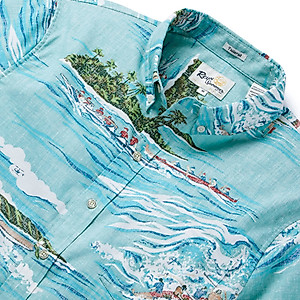 Reyn Spooner Men's Heihei Wa'a Tailored Button Front Oceanic Hawaiian Aloha Shirt, Turq Sea, XL