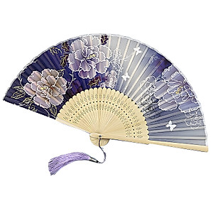 Women's Folding Fan, Chinese Peony Flower Pattern Hand Fan, Openwork Bamboo Ribs Personal Hand Held Summer Small Fan (Color : Multi-Colored, Size : 8.3")