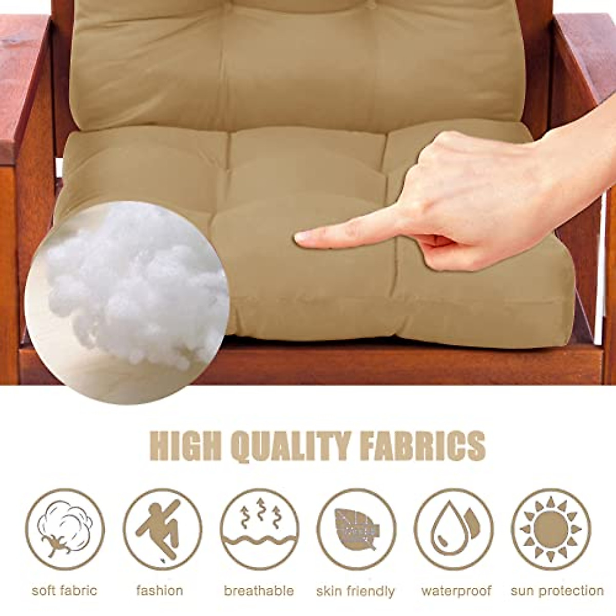 SEAHOME Waterproof Outdoor Seat Back Chair Cushion, Spring/Summer Seasonal All Weather Replacement Cushions, Tufted Pillow Rocking Chair Cushion Indoor,High Back Cushion with Ties (Khaki)