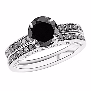 1.02 Carat t.w 14K White Gold Pave Set Black Diamond Engagement Ring and Wedding Band Set w/a 0.75 Carat Round Cut Black Diamond Heirloom Quality