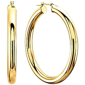 14k REAL Yellow Gold 50MMx3.00MM Thickness Classic Polished Round Tube Hoop Earrings with Snap Post Closure For Women