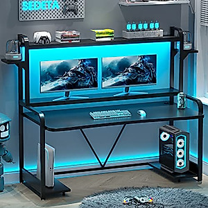 SEDETA Gaming Desk, 55" Computer Desk with Shelves, LED Lights, Hutch & Monitor Shelf, Large PC Gamer Desk Workstation, Gaming Table for Bedroom, Studying Writing Desk for Home Office, Black