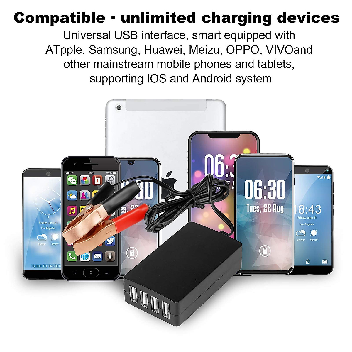 DC Converter with Battery Clip 12V 24V to 5V 8A USB Power Adapter Buck Regulator Charger, 4 Ports Automatically Identify shunt Charging, Suitable for iPhone Android Samsung Galaxy S10 s9 Plus
