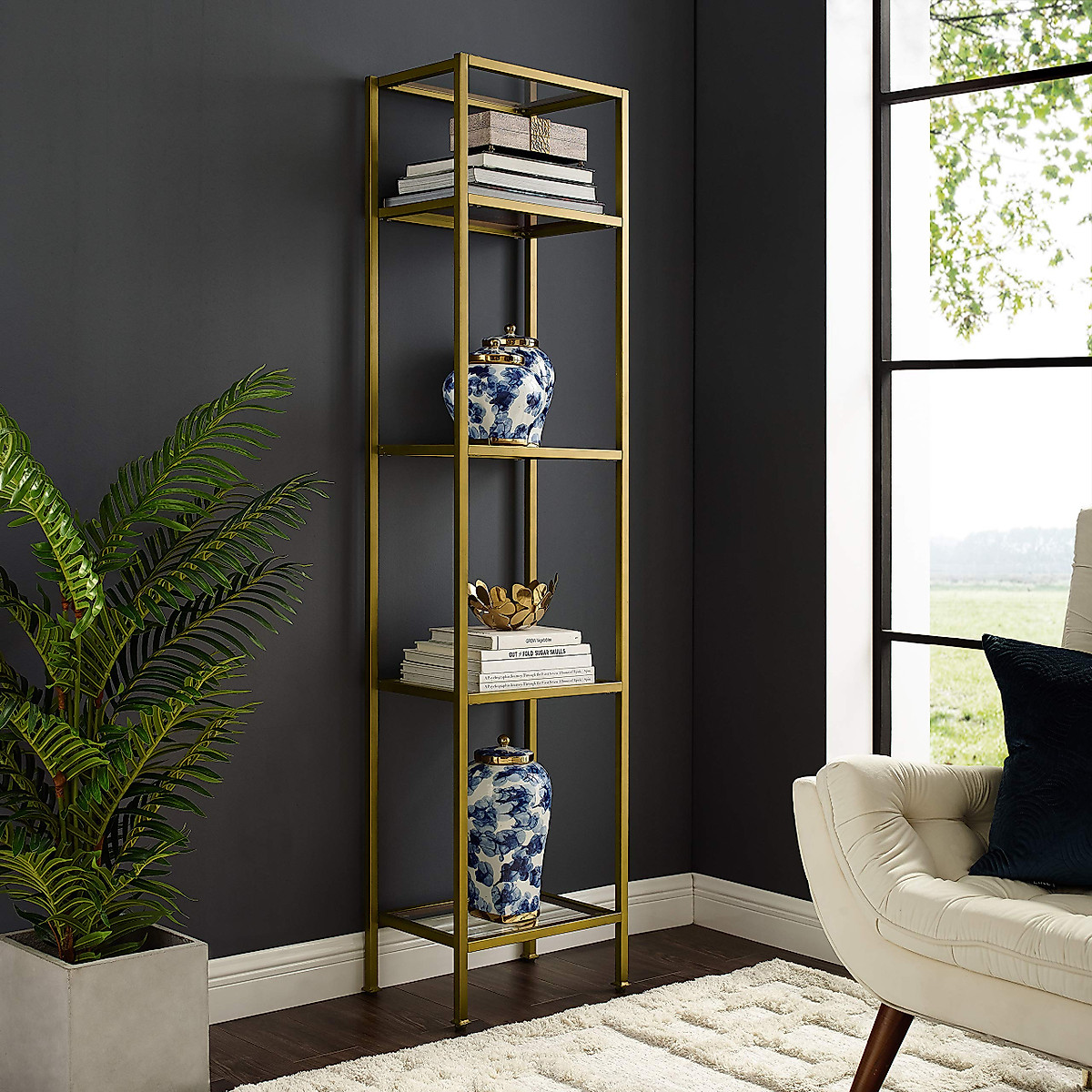 Crosley Furniture Aimee Narrow Bookshelf with Glass Shelves, Bookcase Storage, Gold and Glass