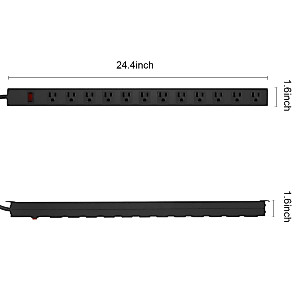 Metal Wall Mount Power Strip, Mountable Power Outlet with 12 AC Outlets, Aluminum Alloy Mount Power Socket with Switch, 6 FT SJT 3/C 14AWG Power Cord, 15A 125V 1875W (12AC) Black