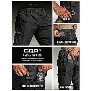 CQR Men's Tactical Pants, Water Resistant Ripstop Cargo Pants, Lightweight EDC Work Hiking Pants, Outdoor Apparel, Duratex Black, 46W x 30L