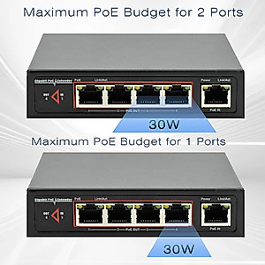 UltraPoE 5 Port Gigabit PoE Extender, 60W 48V Comply with IEEE 802.3af/at/bt, 10/100/1000Mbps,1 in and 4 Out Ethernet PoE++ Passthrough Switch/Splitter/Injector/Amplifier/Booster,Up to 100m(328ft)